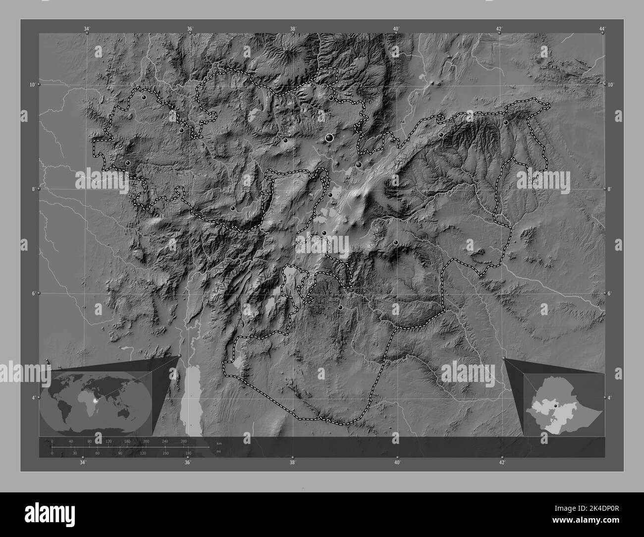 Oromia, state of Ethiopia. Bilevel elevation map with lakes and rivers ...