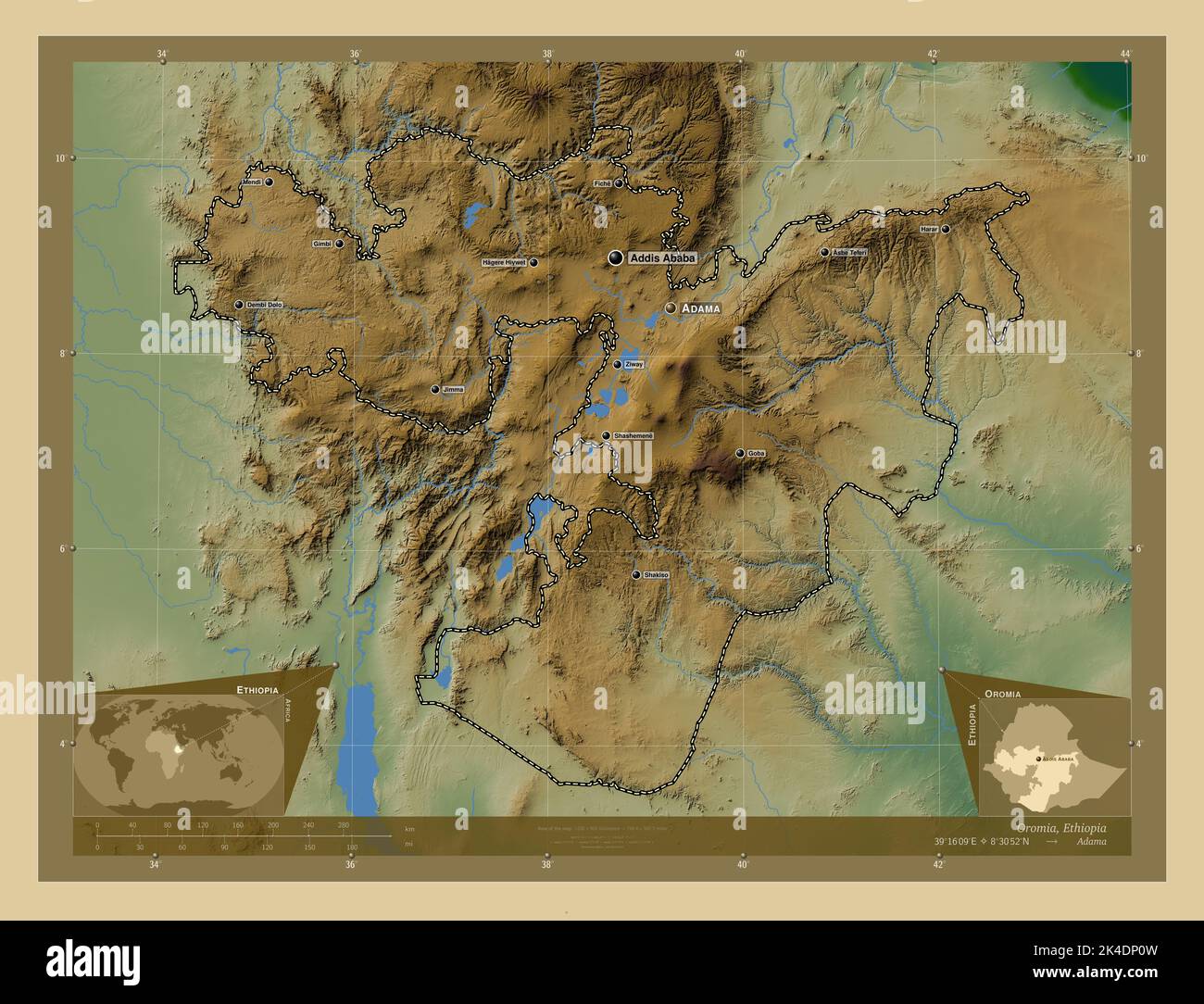Oromia, state of Ethiopia. Colored elevation map with lakes and rivers. Locations and names of ...