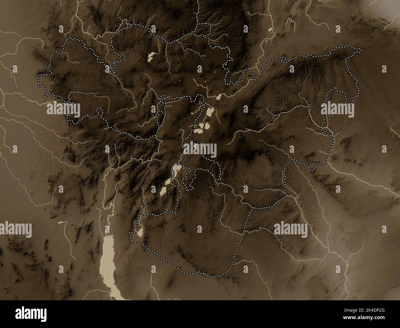 Oromia, state of Ethiopia. Elevation map colored in sepia tones with ...