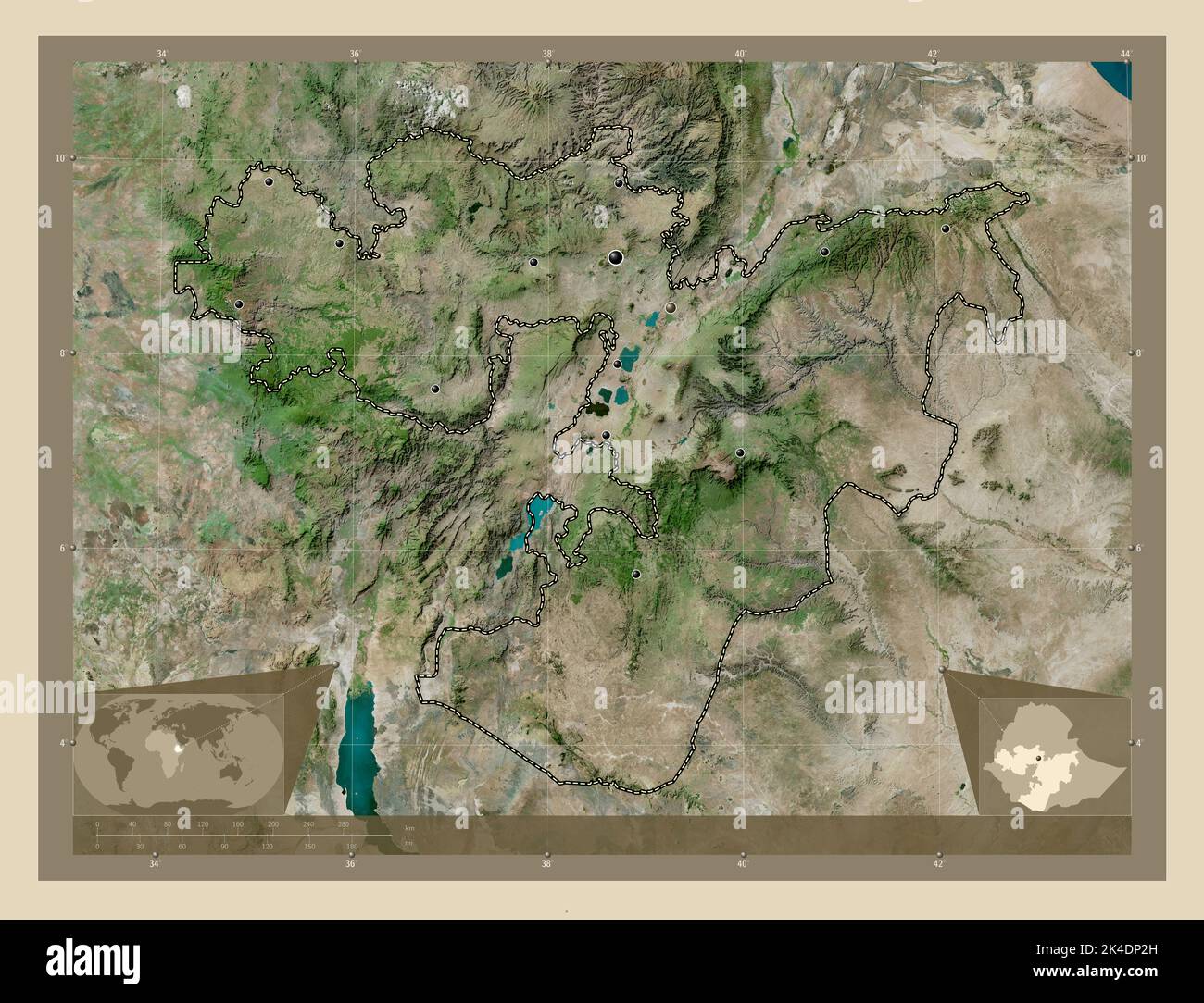 Oromia, state of Ethiopia. Low resolution satellite map. Locations of ...