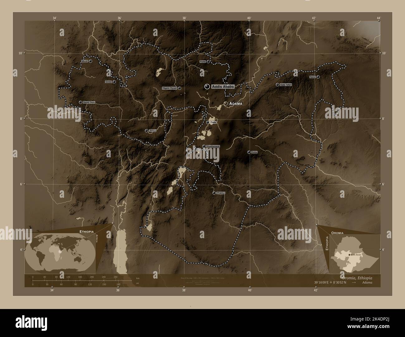 Oromia, state of Ethiopia. Elevation map colored in sepia tones with ...
