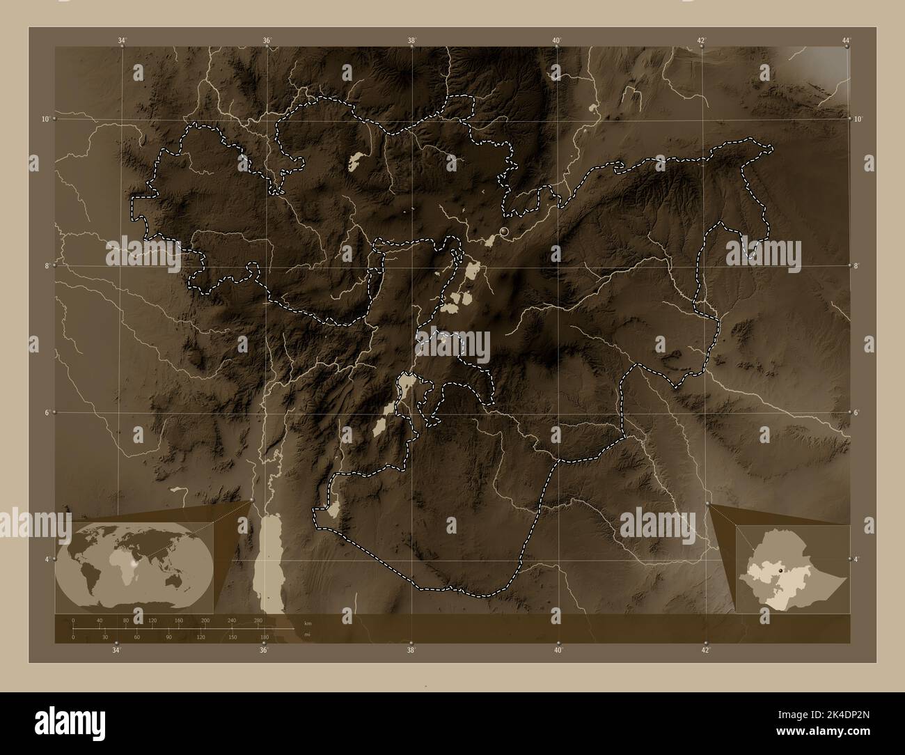 Oromia, state of Ethiopia. Elevation map colored in sepia tones with ...