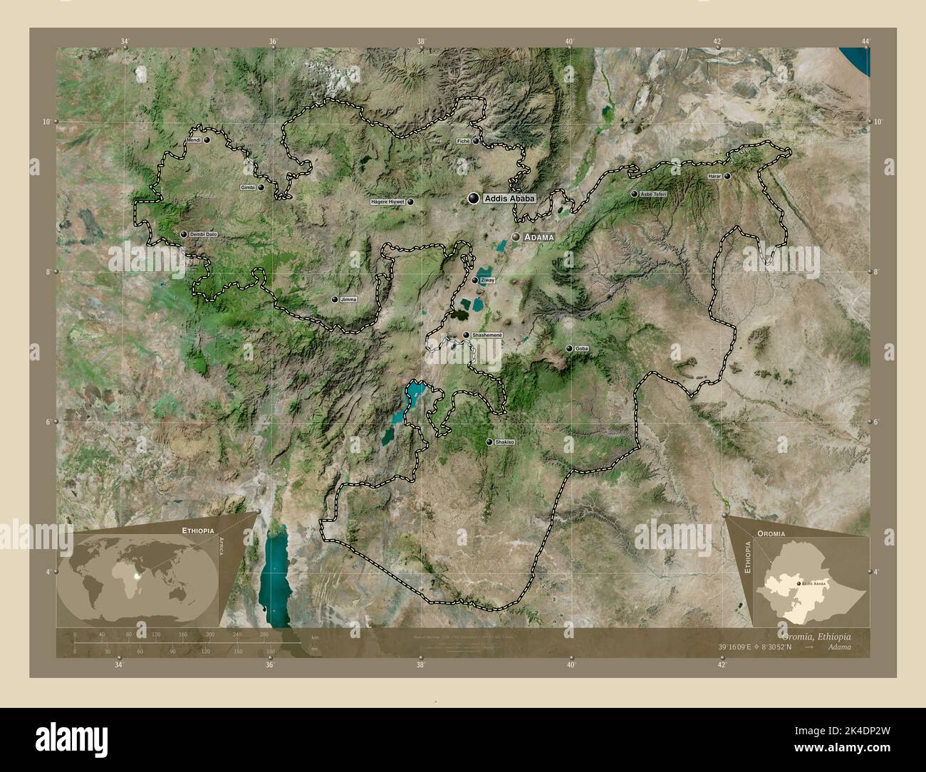 Oromia, state of Ethiopia. Low resolution satellite map. Locations and ...