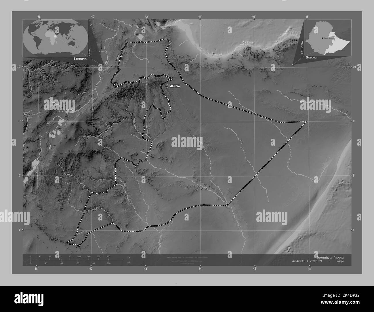 Somali, state of Ethiopia. Grayscale elevation map with lakes and ...