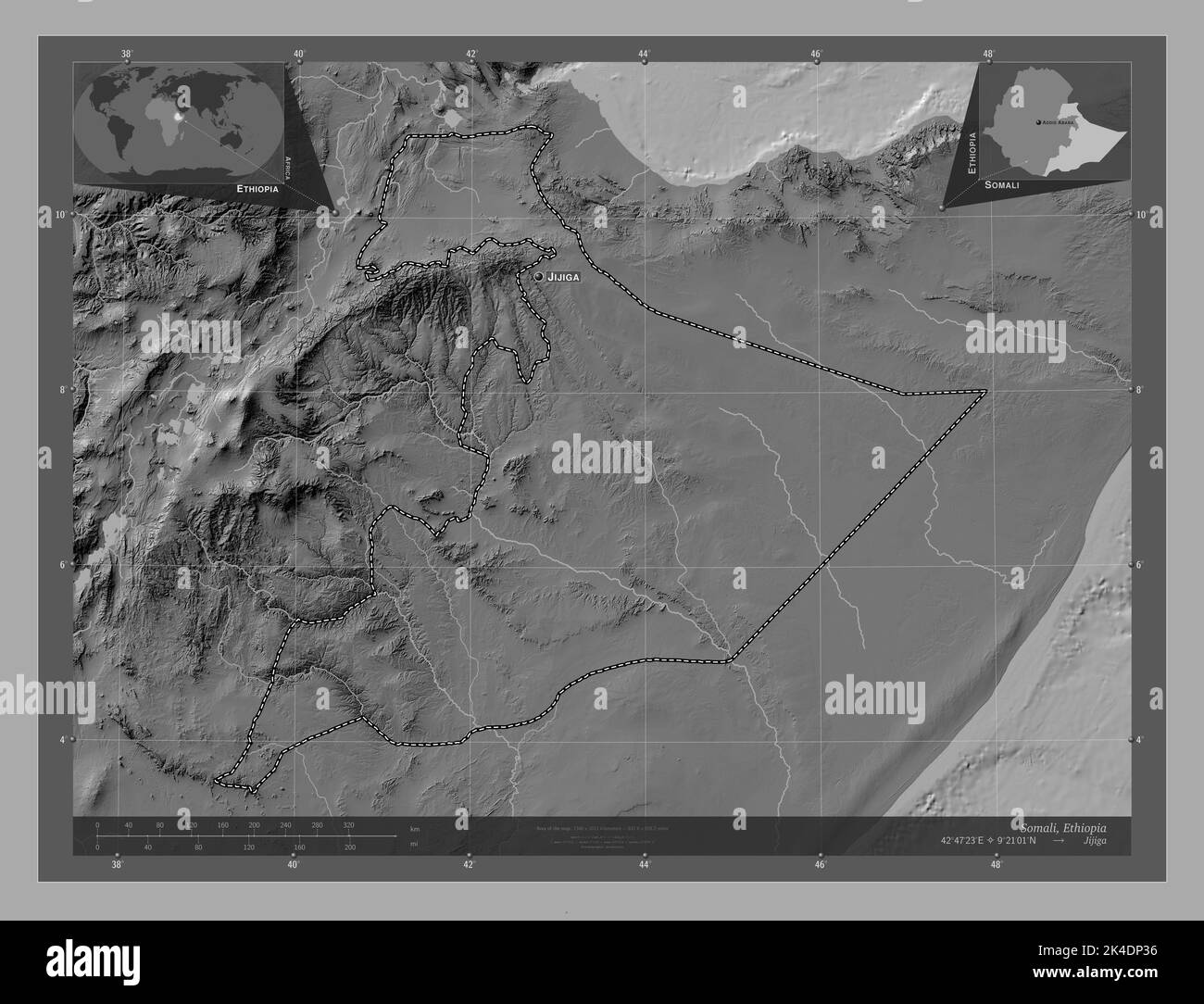 Somali, state of Ethiopia. Bilevel elevation map with lakes and rivers ...