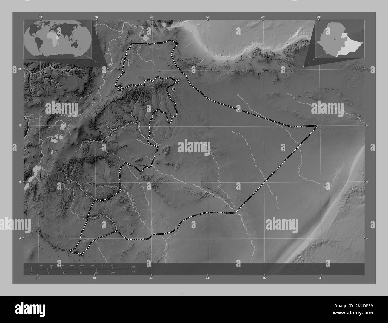 Somali State Of Ethiopia Grayscale Elevation Map With Lakes And Rivers Corner Auxiliary