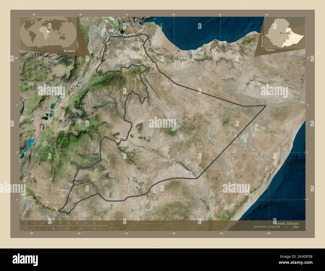 Somali, state of Ethiopia. High resolution satellite map. Locations and ...