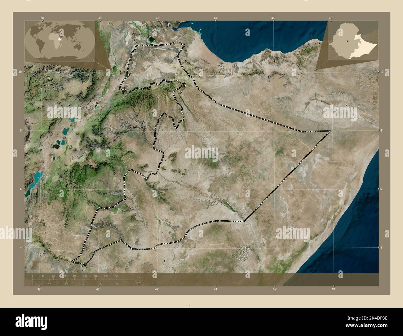Somali, state of Ethiopia. High resolution satellite map. Locations of major cities of the ...