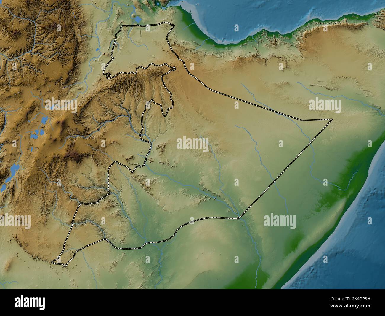 Somali, state of Ethiopia. Colored elevation map with lakes and rivers ...