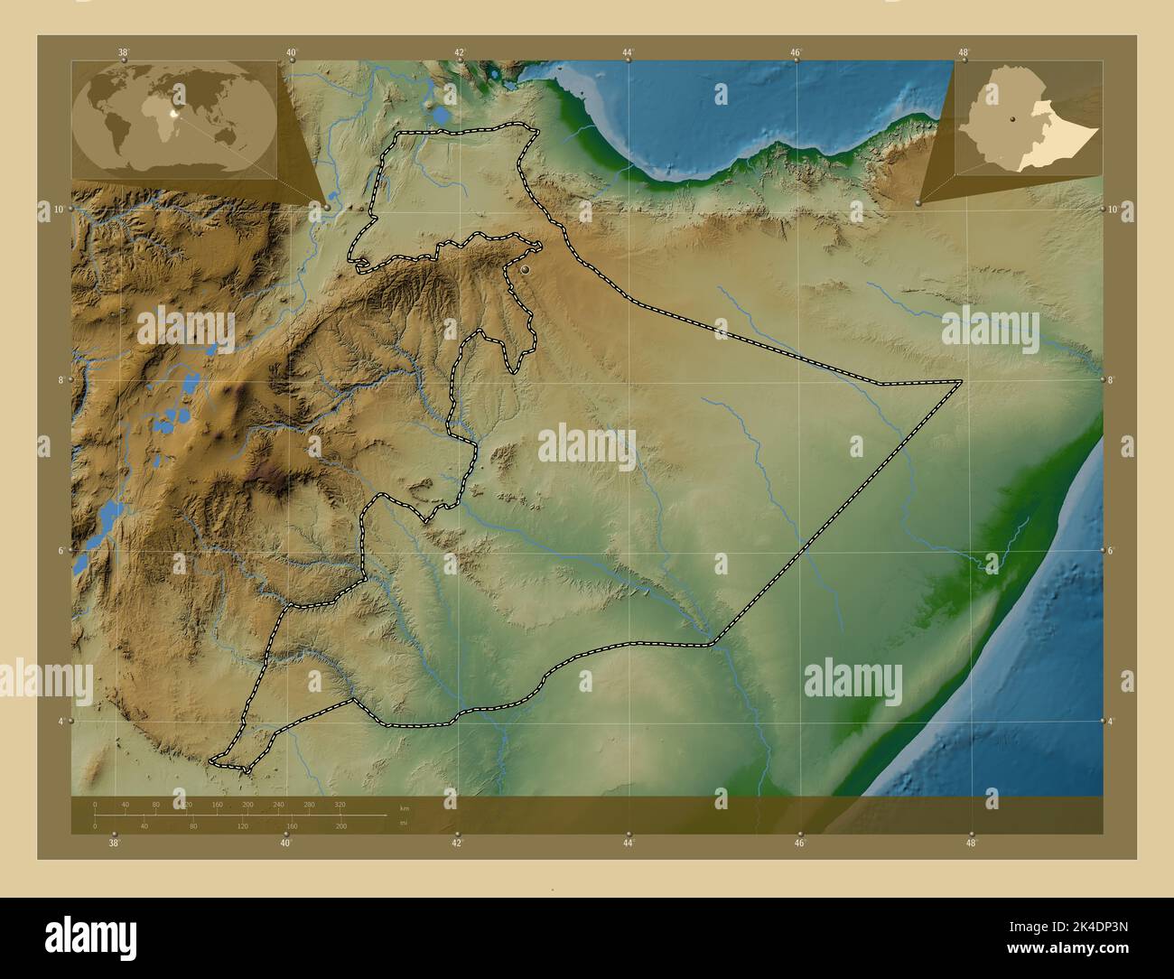 Somali, state of Ethiopia. Colored elevation map with lakes and rivers ...