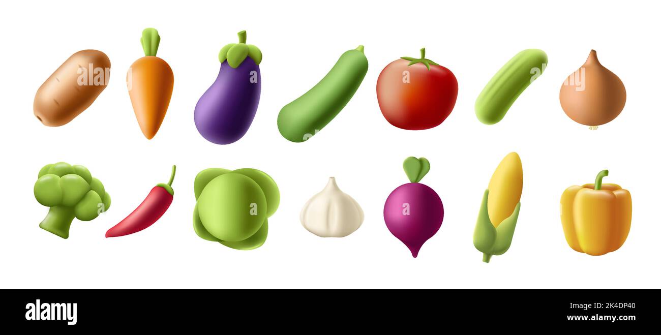 Isolated set of 3d render vegetable icons illustrations, modern graphic ...