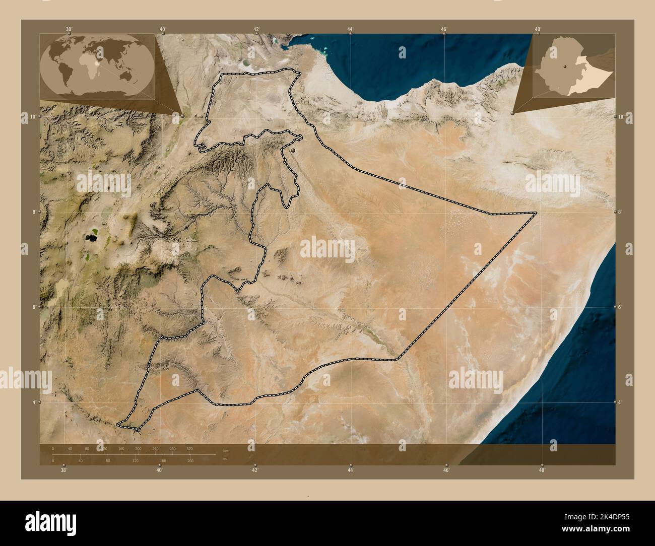 Somali, state of Ethiopia. Low resolution satellite map. Locations of ...