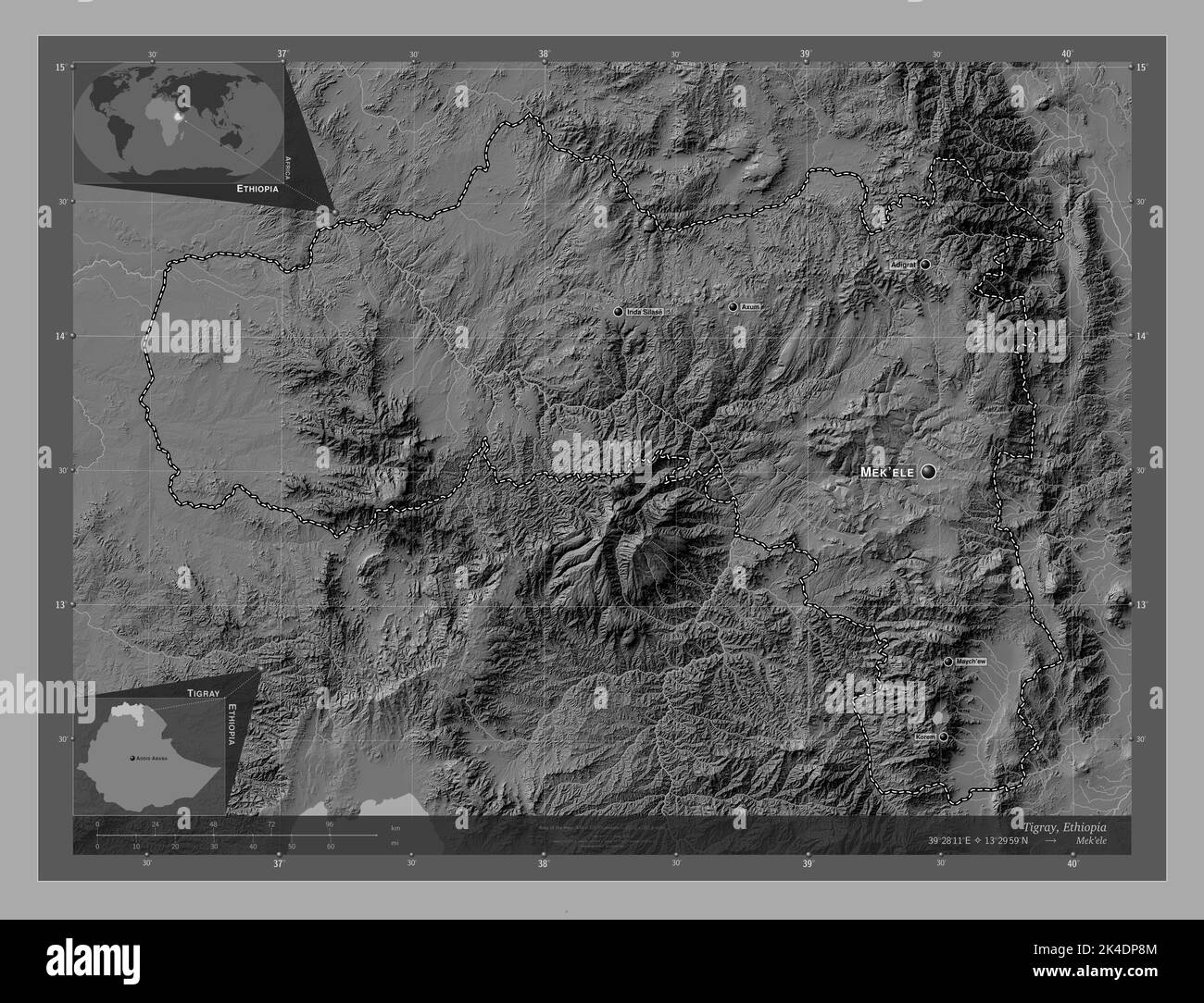 Tigray, state of Ethiopia. Bilevel elevation map with lakes and rivers ...