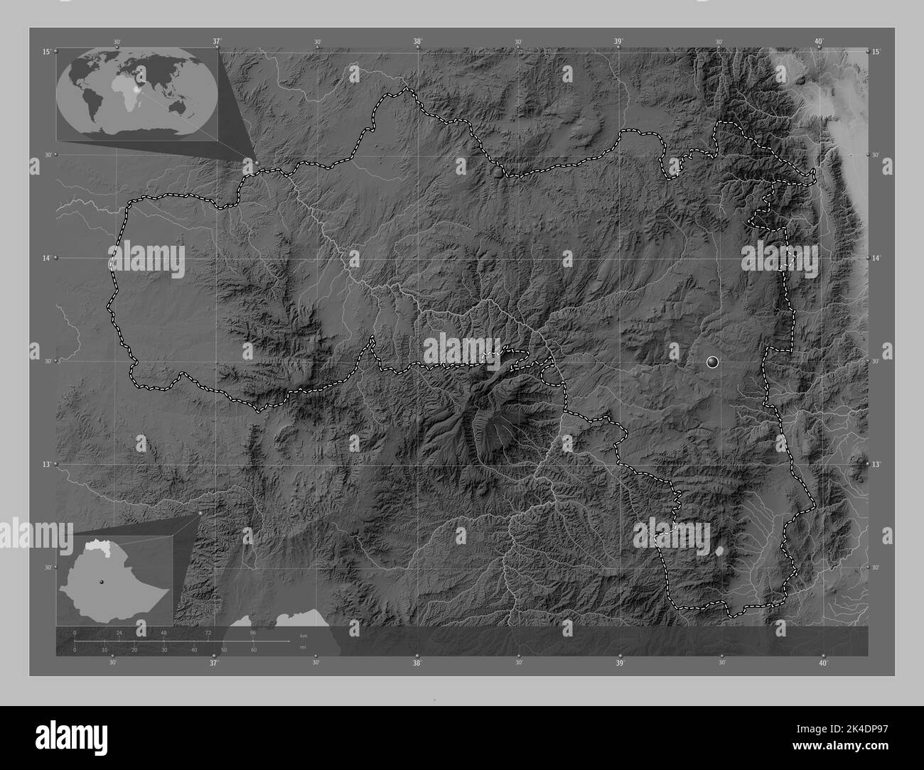 Tigray, state of Ethiopia. Grayscale elevation map with lakes and ...