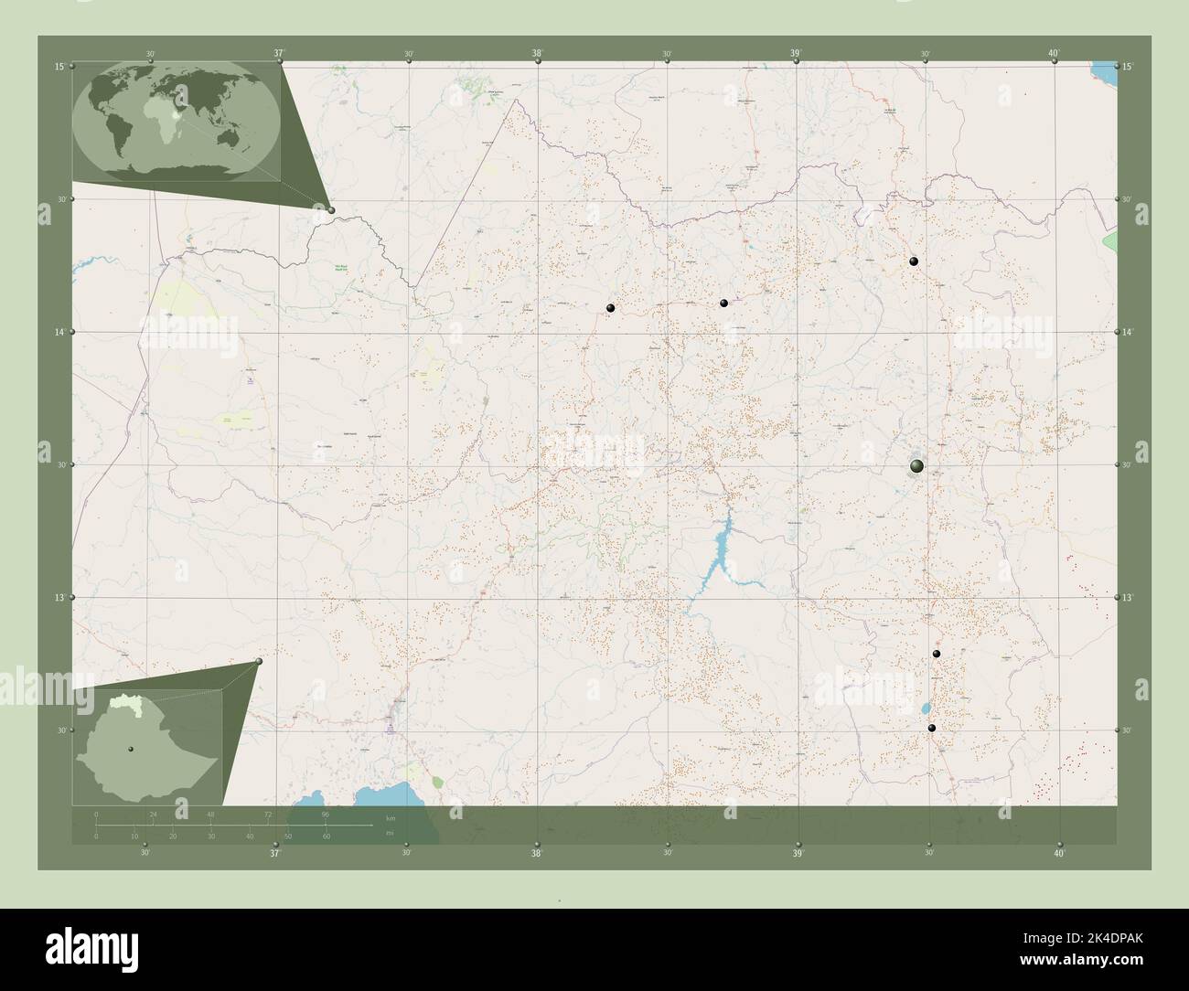 Tigray, state of Ethiopia. Open Street Map. Locations of major cities ...