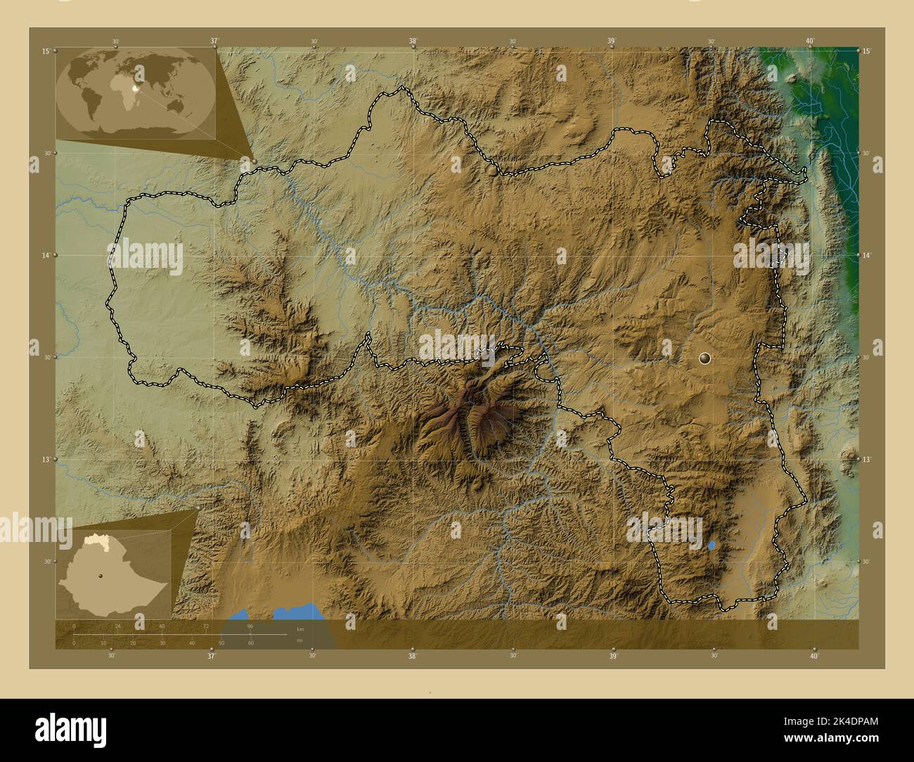Tigray, state of Ethiopia. Colored elevation map with lakes and rivers ...
