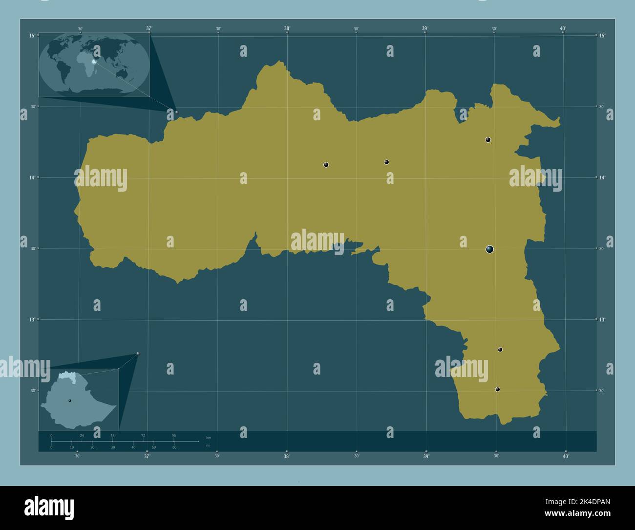 Tigray, state of Ethiopia. Solid color shape. Locations of major cities ...