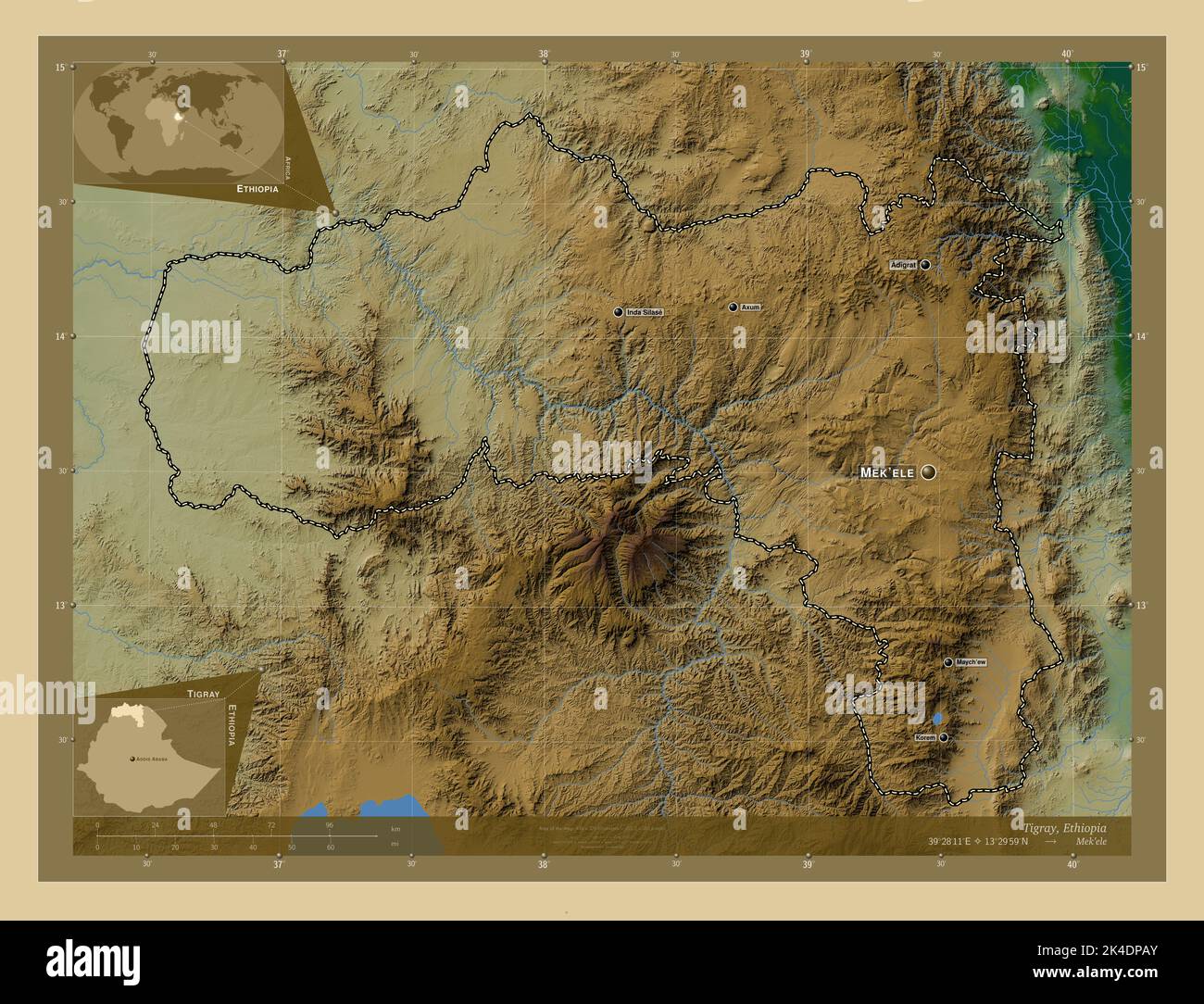 Tigray, state of Ethiopia. Colored elevation map with lakes and rivers ...