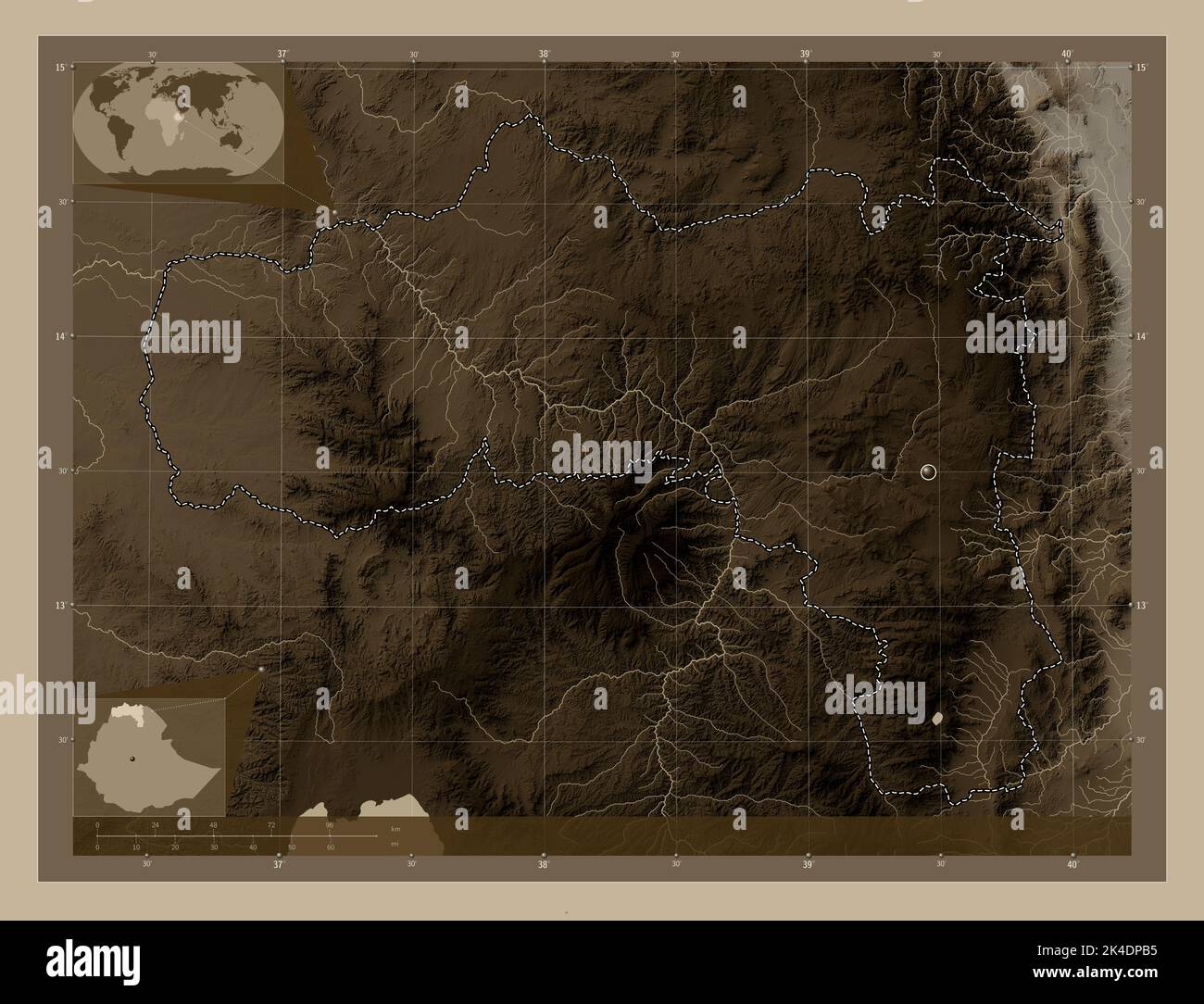 Tigray, state of Ethiopia. Elevation map colored in sepia tones with ...