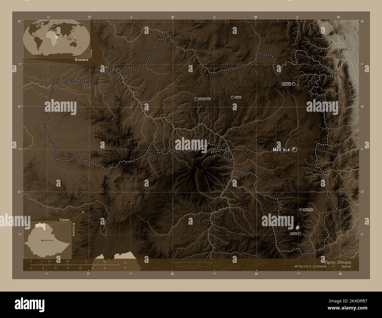 Tigray, state of Ethiopia. Elevation map colored in sepia tones with ...