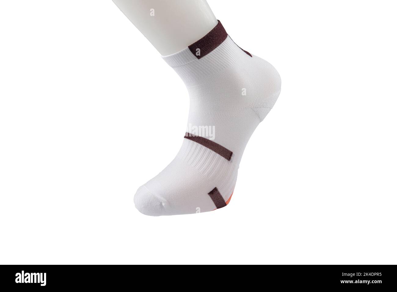 Side view of plastic foot wearing new beautiful and soft natural cotton ...