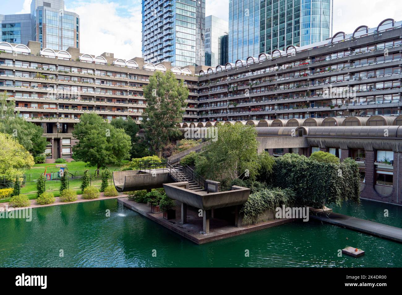 Gardens, lake and water features in the centre of the Barbican Estate ...