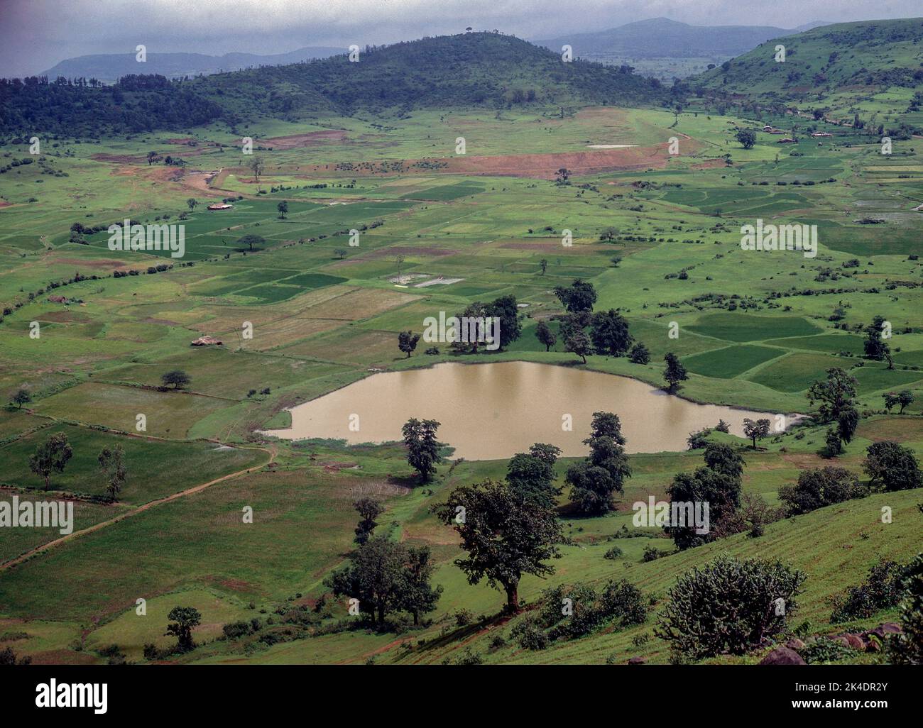 Top view of a Agricultural land with water tank Stock Photo - Alamy