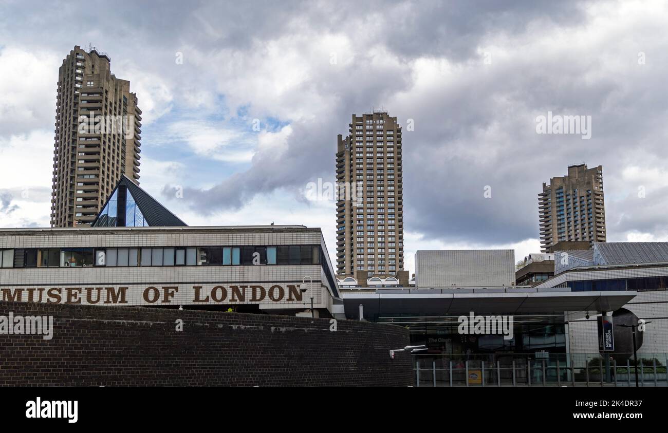 Three Brutalist high-rise tower blocks of the Barbican estate with the ...