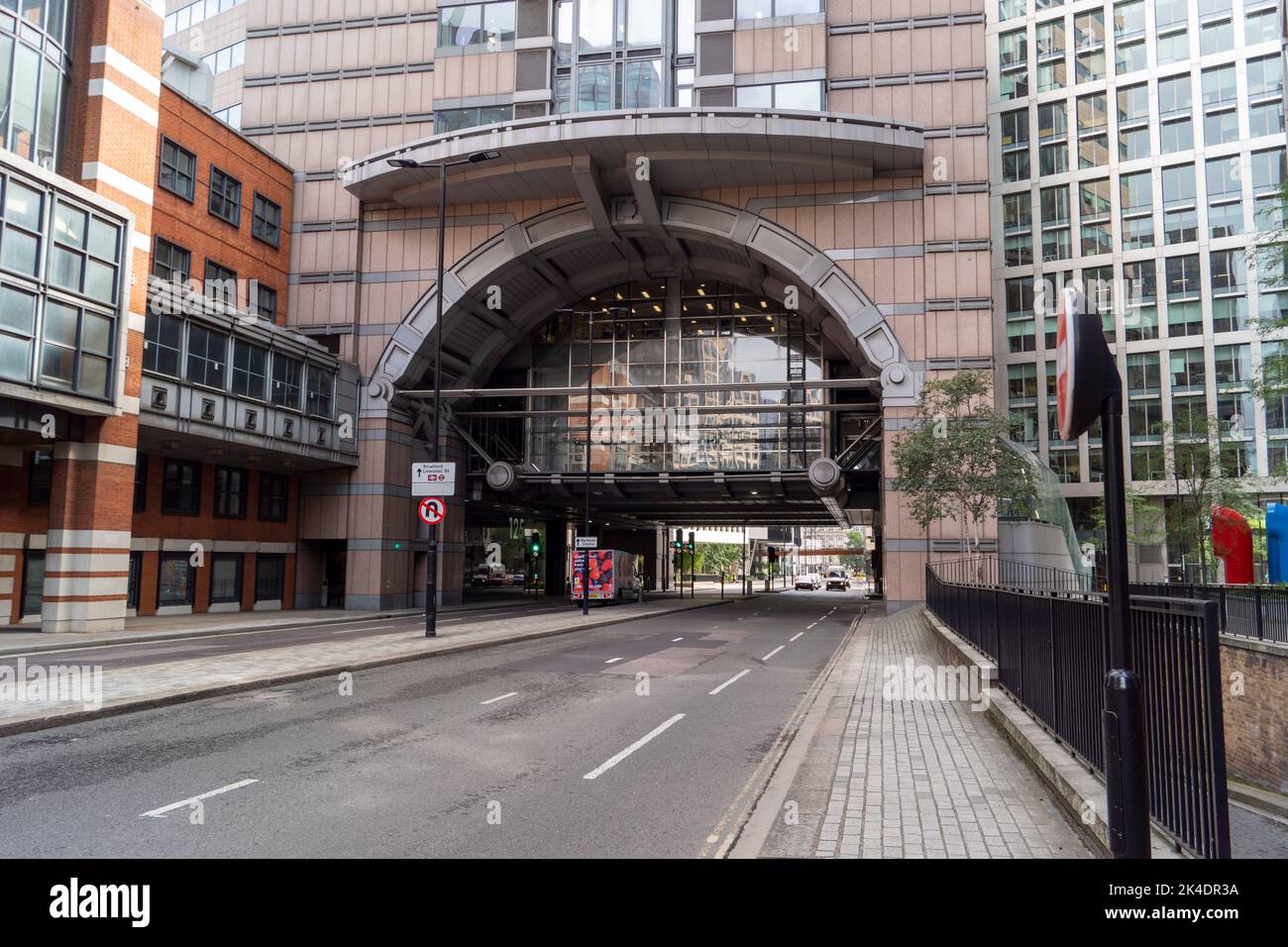 Road under 125 London Wall, also known as Alban Gate, a postmodernist ...