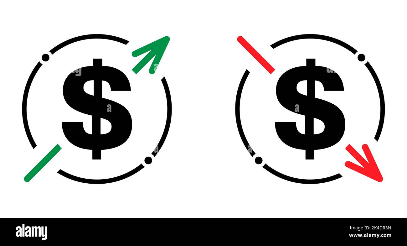 Set of cost symbol dollar increase and decrease icon. Money vector symbol isolated on background ...