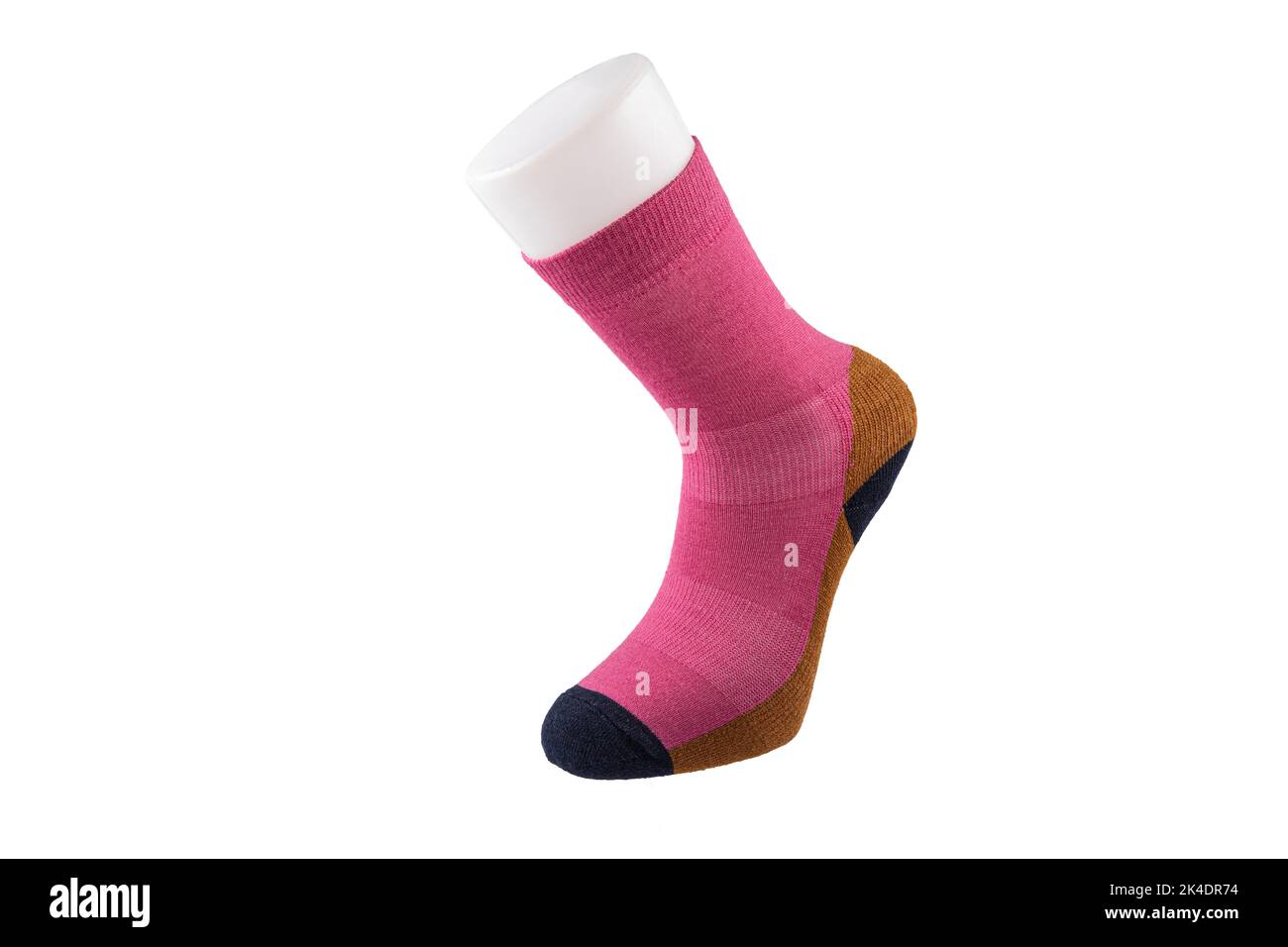 Side view of plastic foot wearing new beautiful and soft natural cotton ...