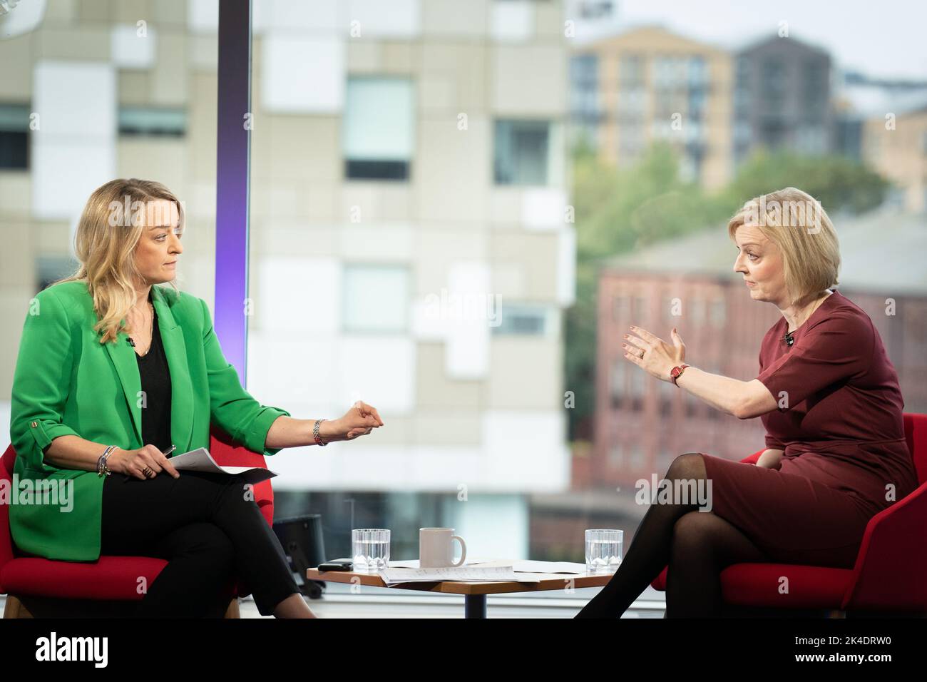Laura Kuenssberg (left) interviews Prime Minister Liz Truss on the BBC1 ...