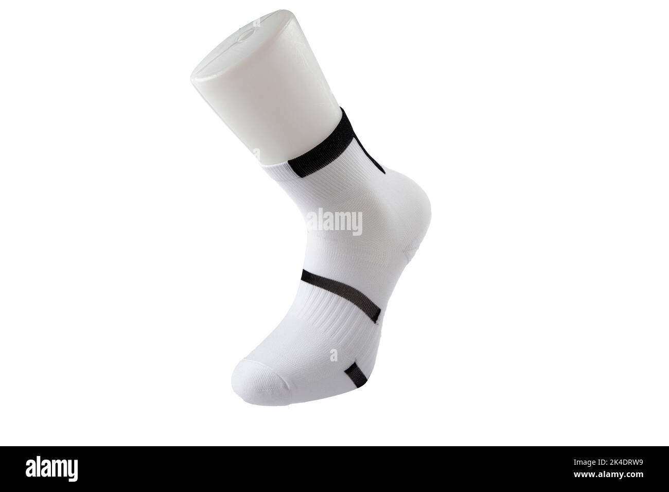 Side view of plastic foot wearing new beautiful and soft natural cotton ...