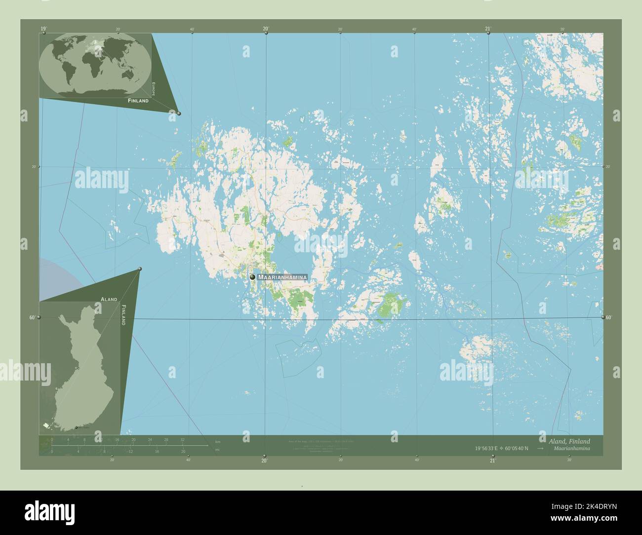 Aland, region of Finland. Open Street Map. Locations and names of major ...