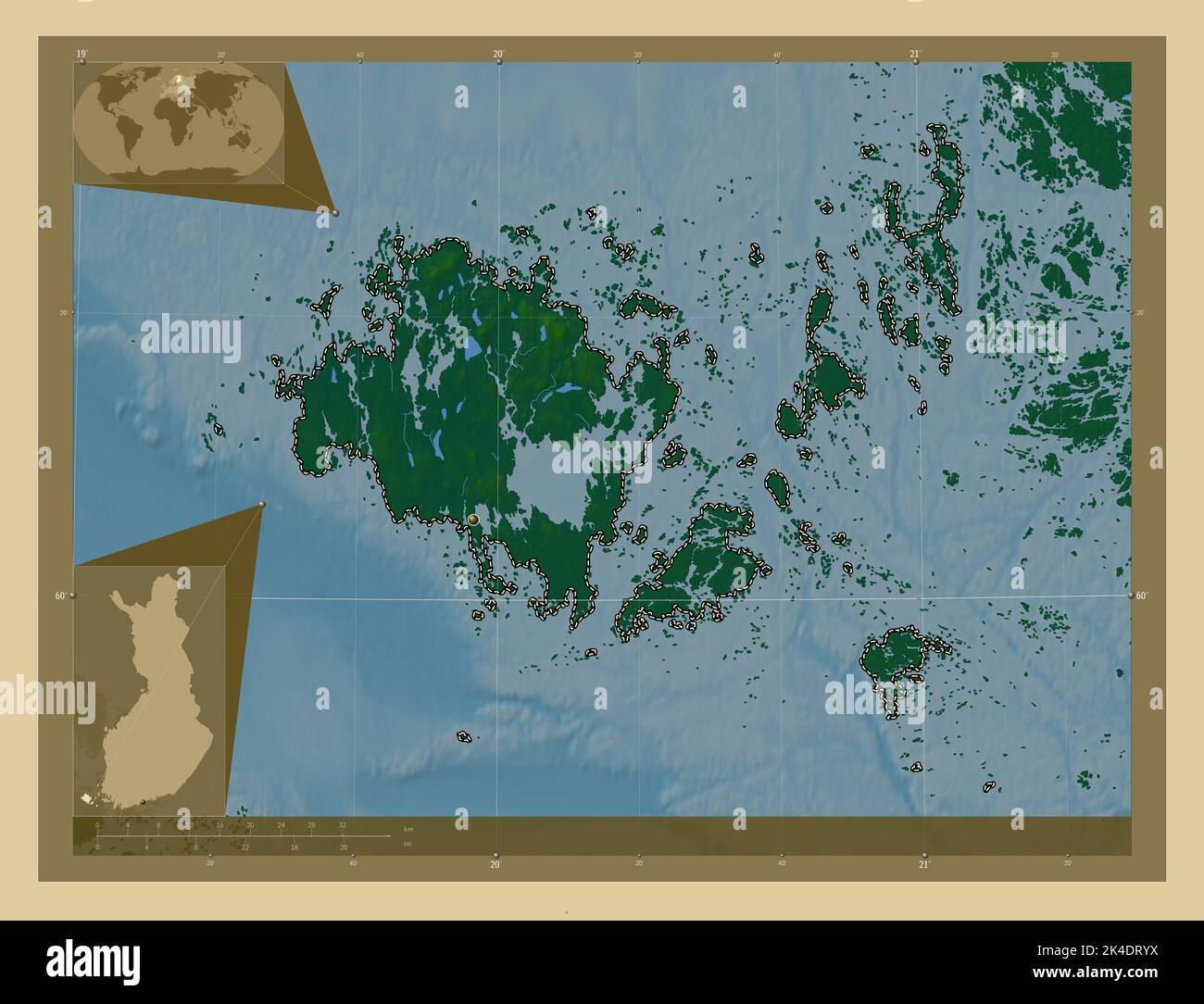 Aland, region of Finland. Colored elevation map with lakes and rivers. Locations of major cities ...