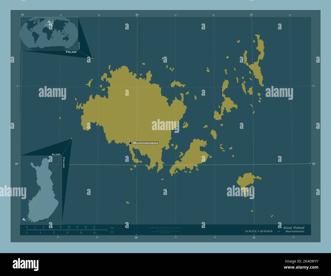 Aland, region of Finland. Solid color shape. Locations and names of ...