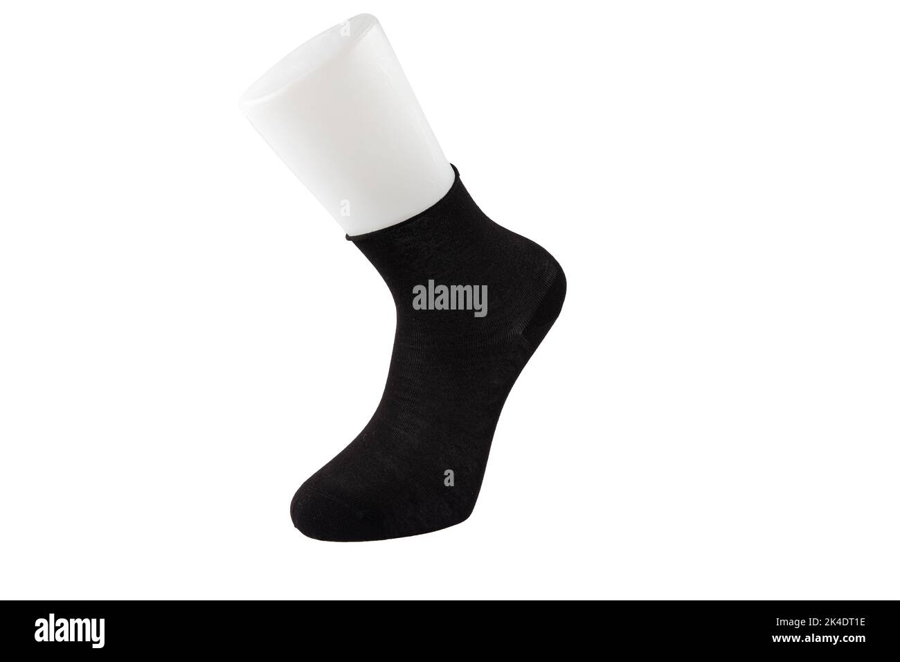 Side view of plastic foot wearing new beautiful and soft natural cotton ...