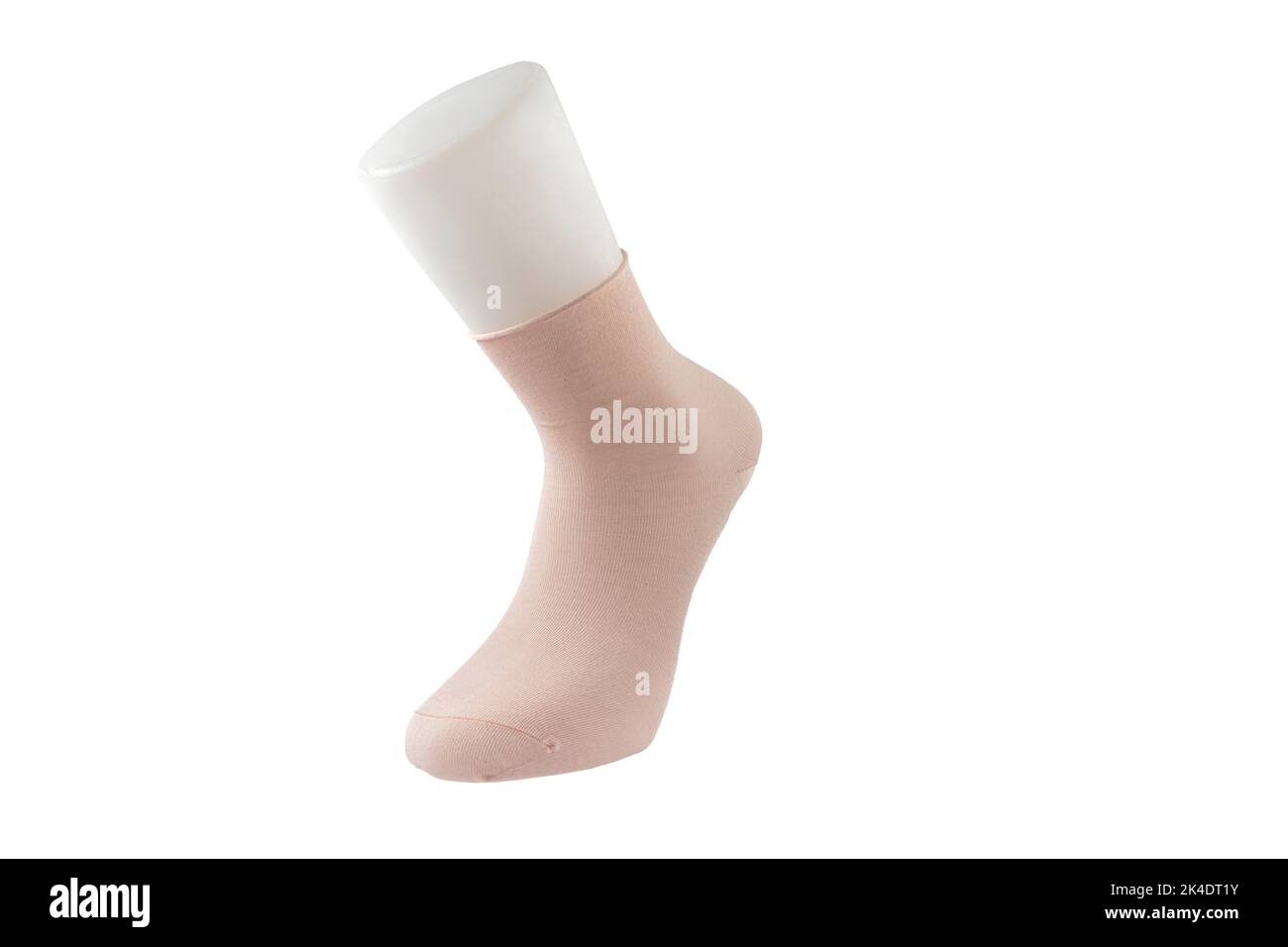 Side view of plastic foot wearing new beautiful and soft natural cotton ...