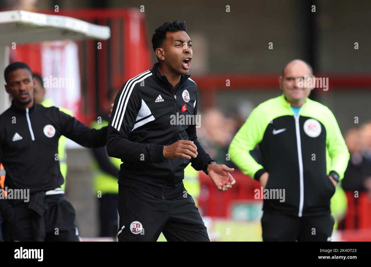 Crawley Town's manager Kevin Betsy in the dug-out during the EFL League ...