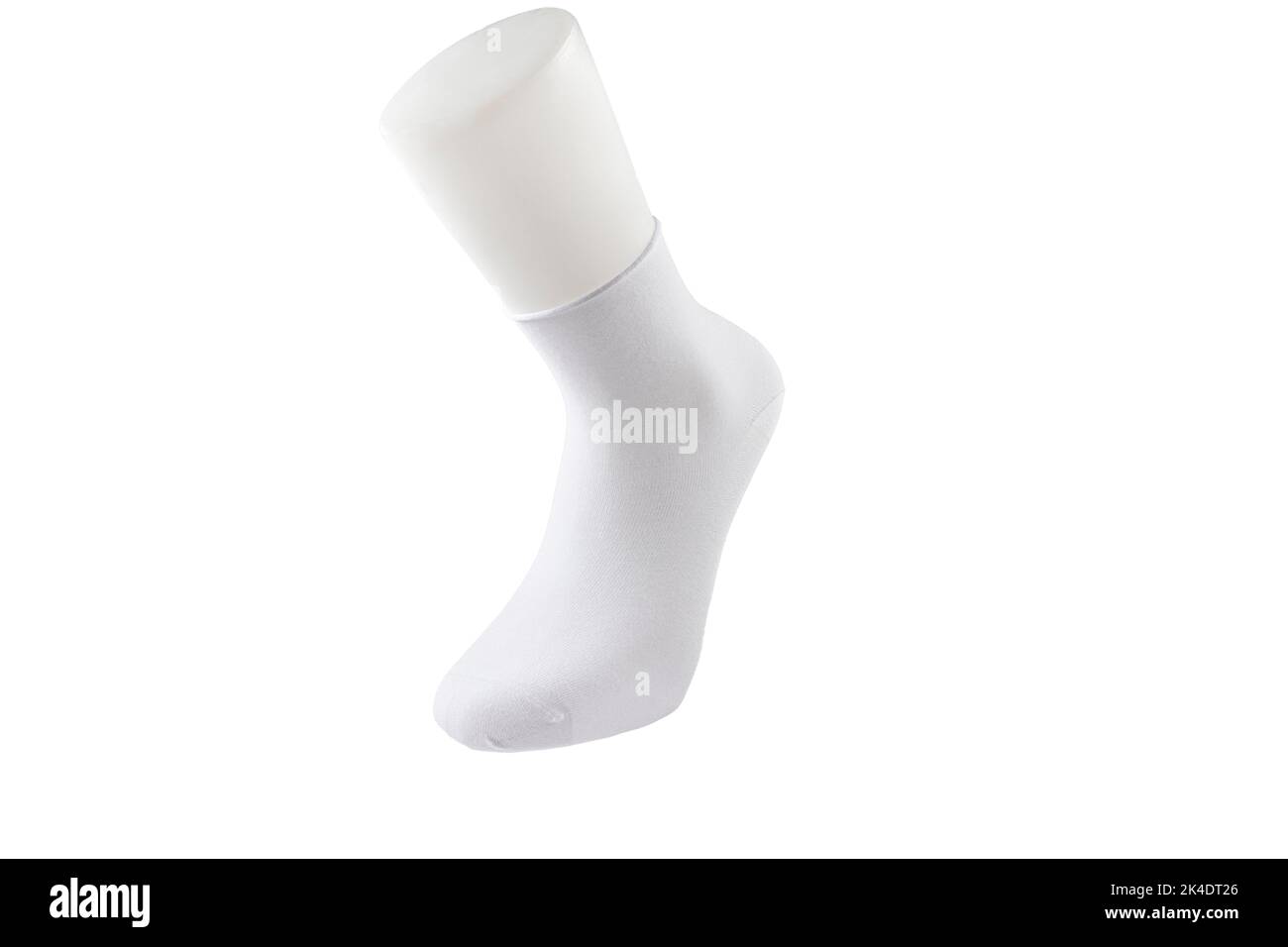 Side view of plastic foot wearing new beautiful and soft natural cotton ...