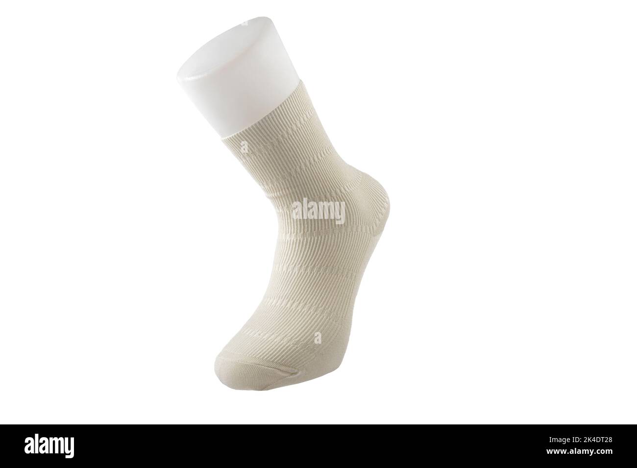 Side view of plastic foot wearing new beautiful and soft natural cotton ...