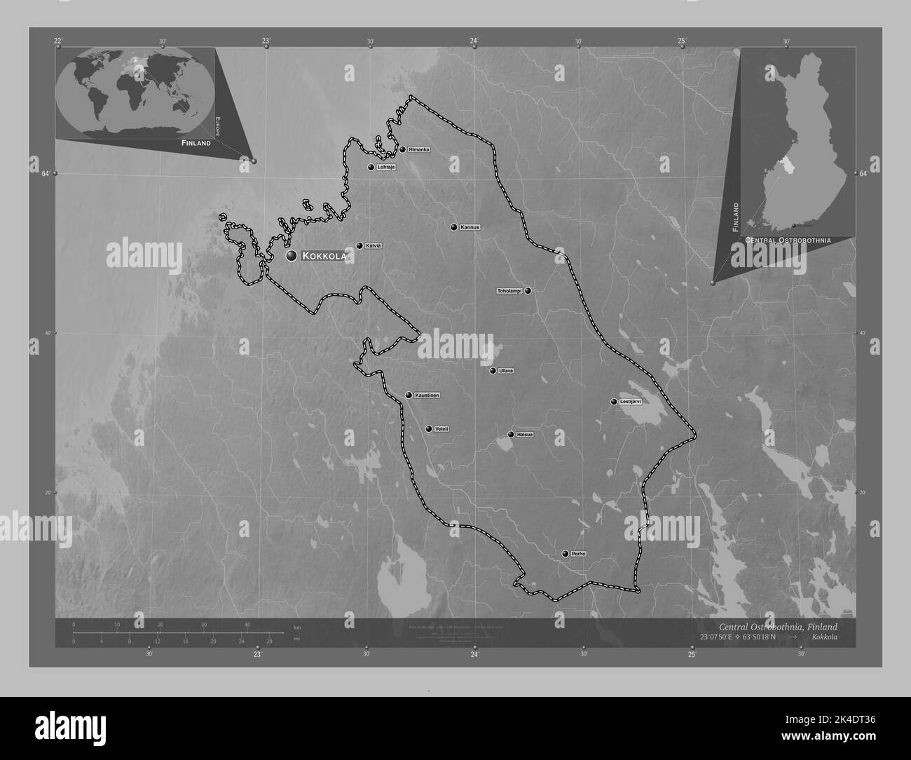 Central Ostrobothnia, region of Finland. Grayscale elevation map with ...