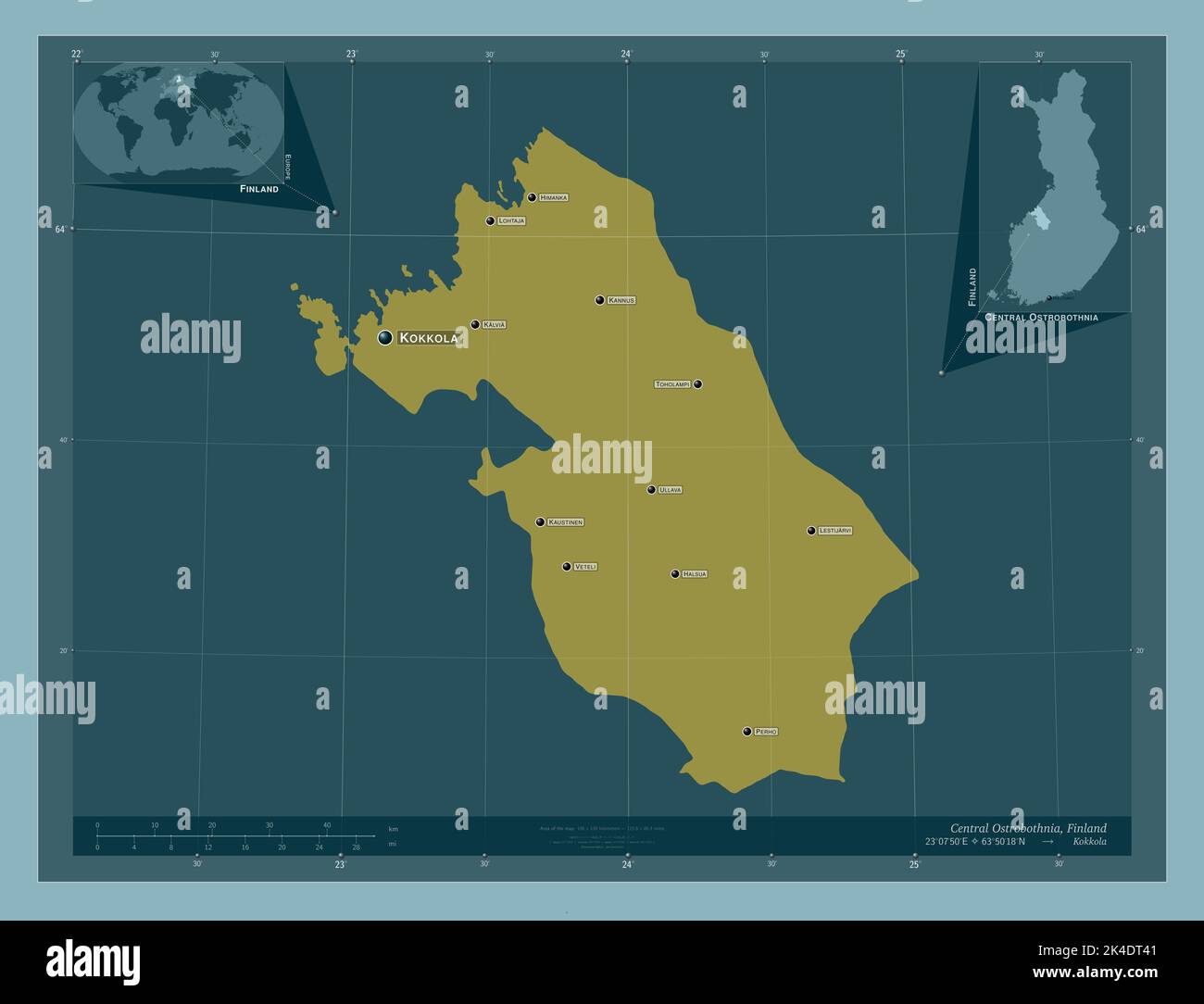 Central Ostrobothnia, region of Finland. Solid color shape. Locations ...