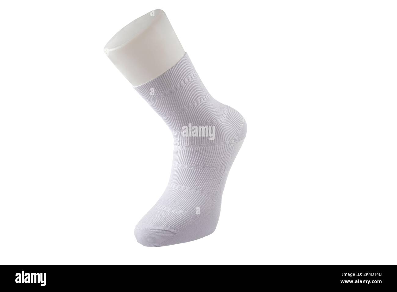 Side view of plastic foot wearing new beautiful and soft natural cotton ...