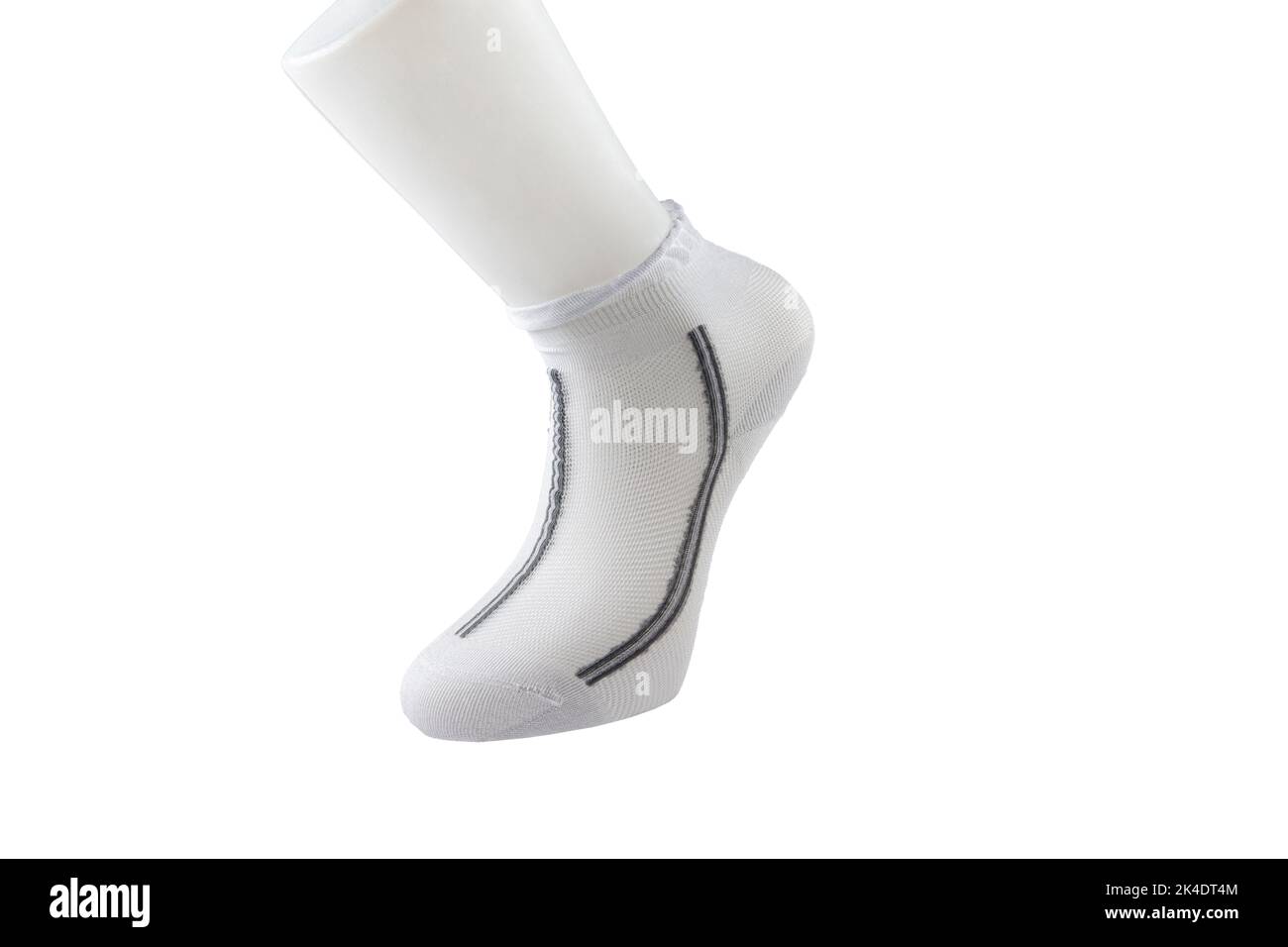 Side view of plastic foot wearing new beautiful and soft natural cotton ...