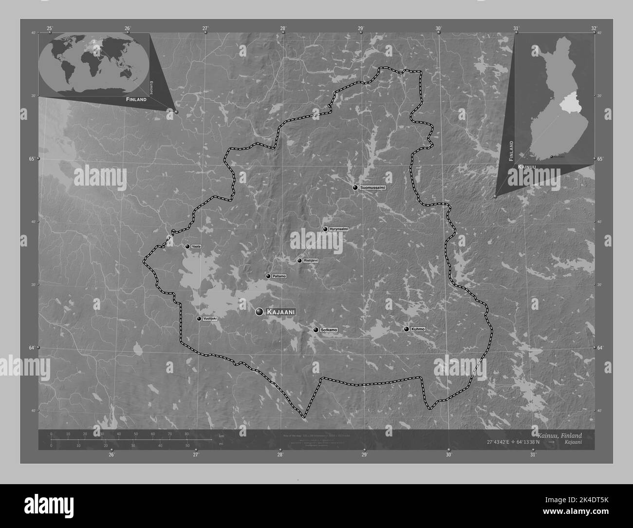 Kainuu, region of Finland. Grayscale elevation map with lakes and ...