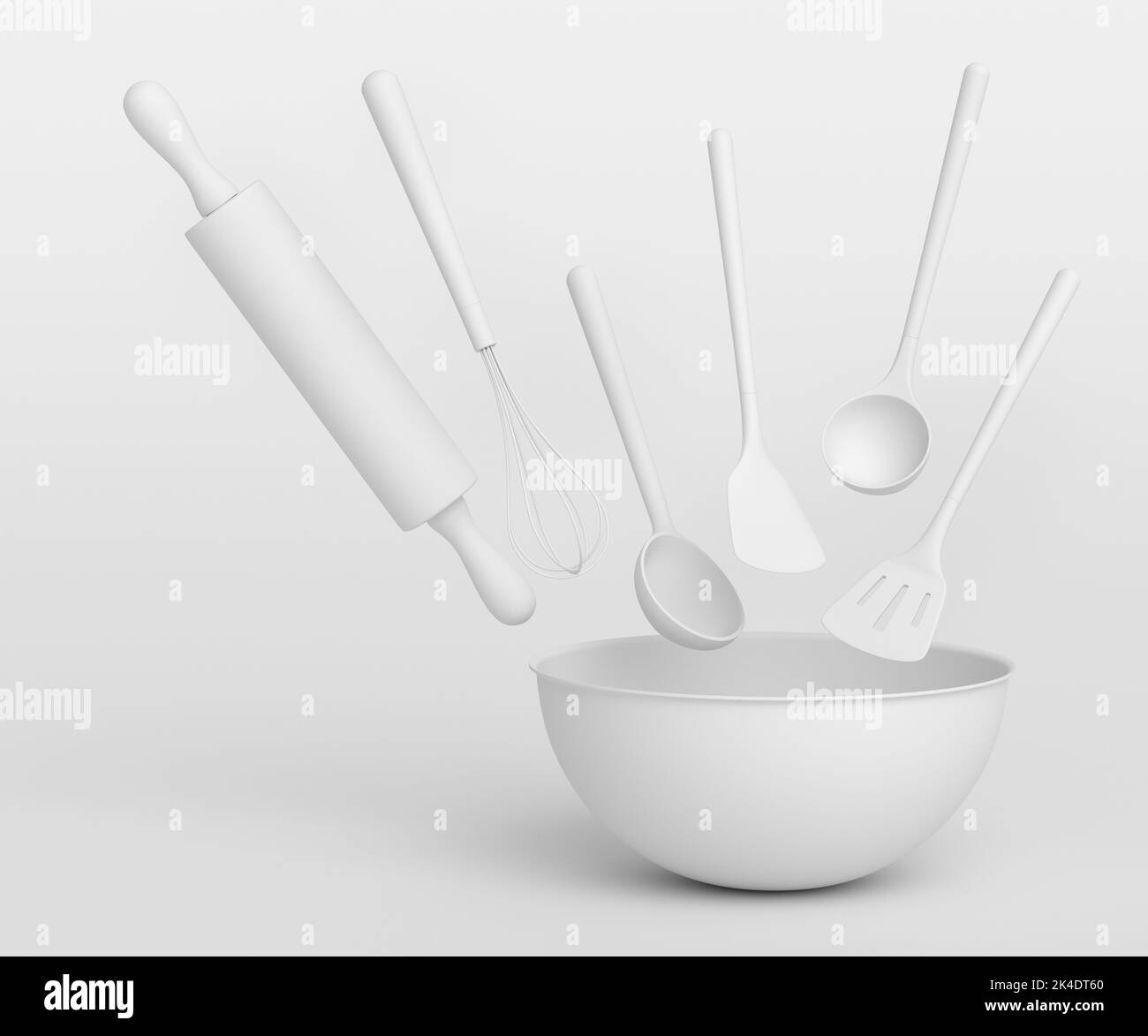 Metal bowl with kitchen utensil for preparation of dough on monochrome ...