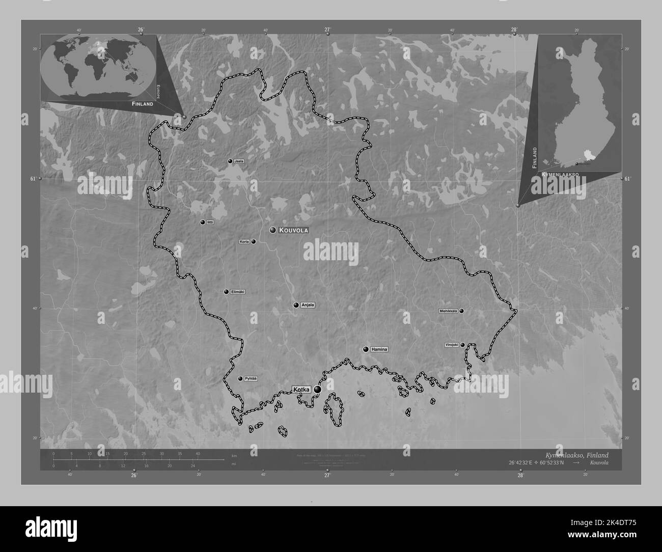 Kymenlaakso, region of Finland. Grayscale elevation map with lakes and ...