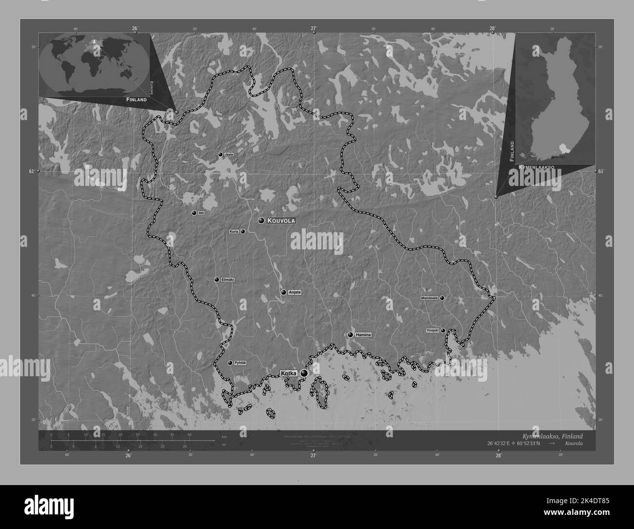 Kymenlaakso, region of Finland. Bilevel elevation map with lakes and ...