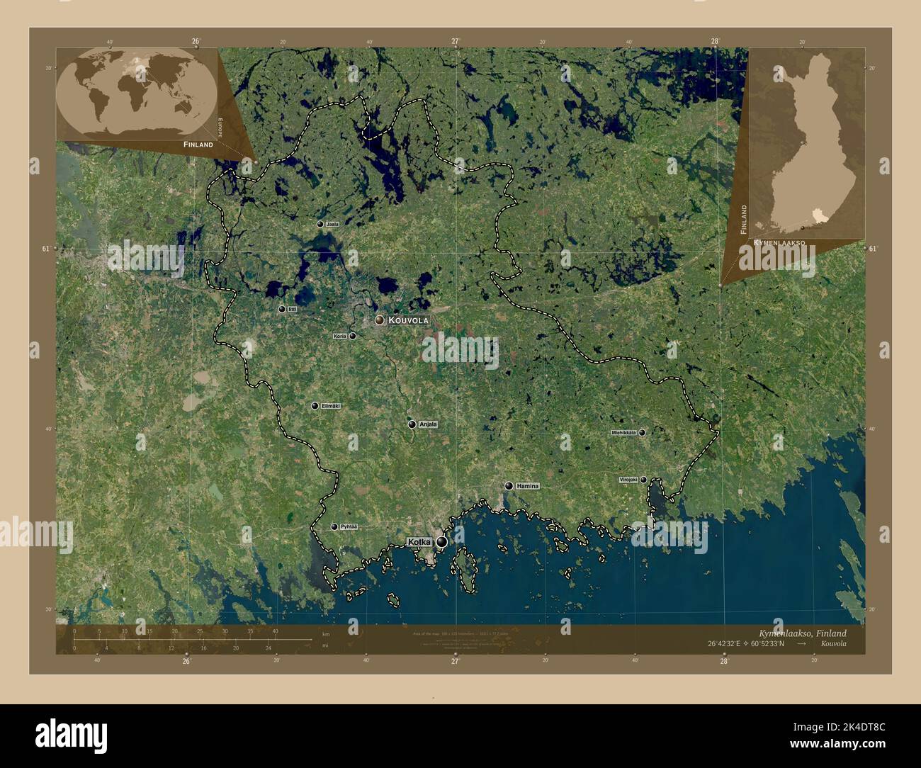 Kymenlaakso, region of Finland. Low resolution satellite map. Locations ...